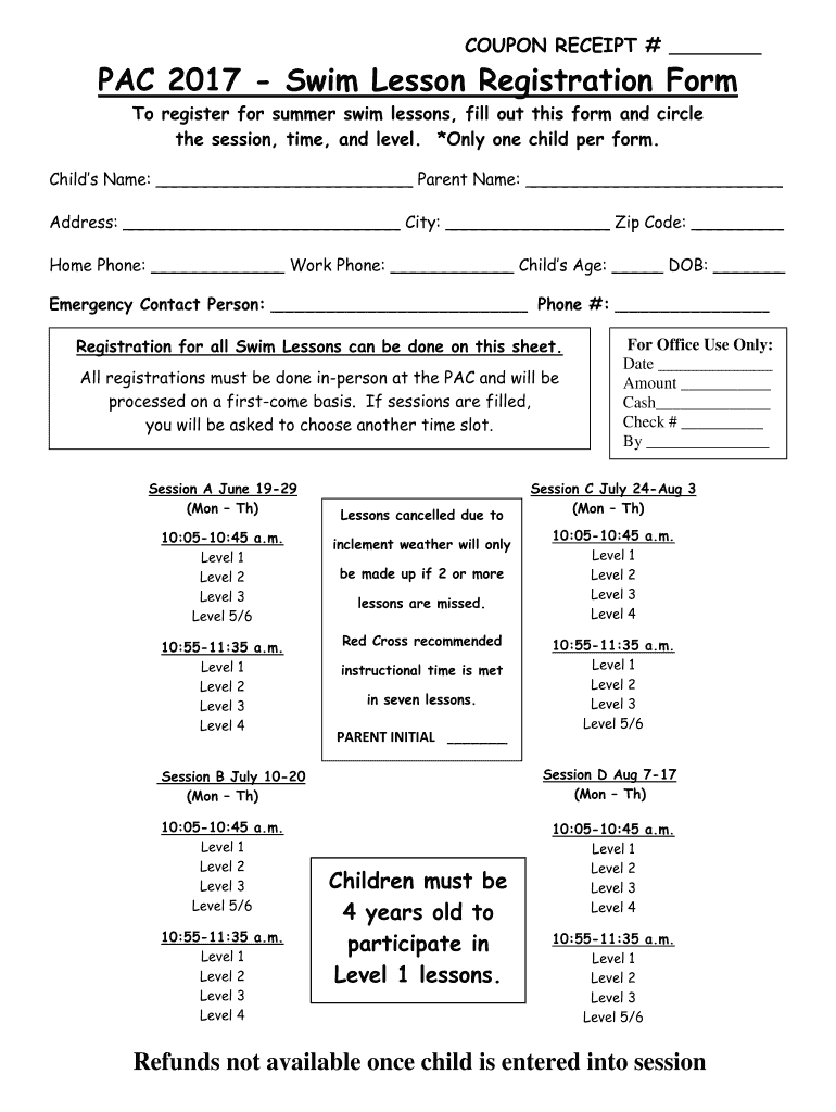 Fillable Online Swim Lesson Registration Form - plymouth aquatic center ...