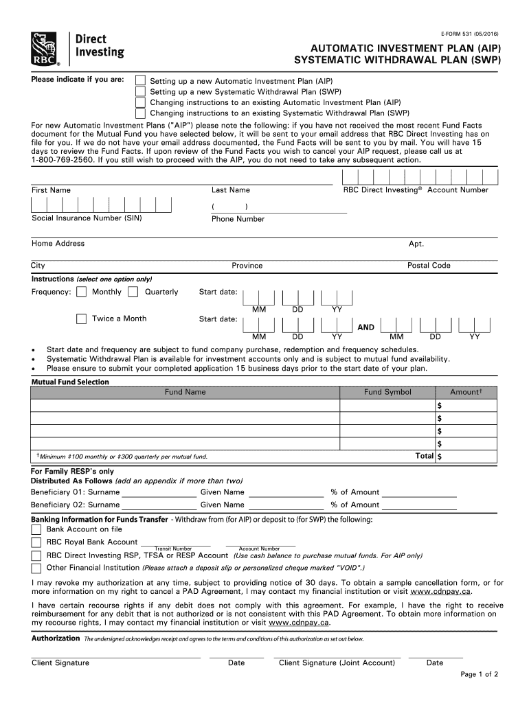 Fillable Online E-FORM 531 (05/2016) AUTOMATIC INVESTMENT PLAN (AIP ...