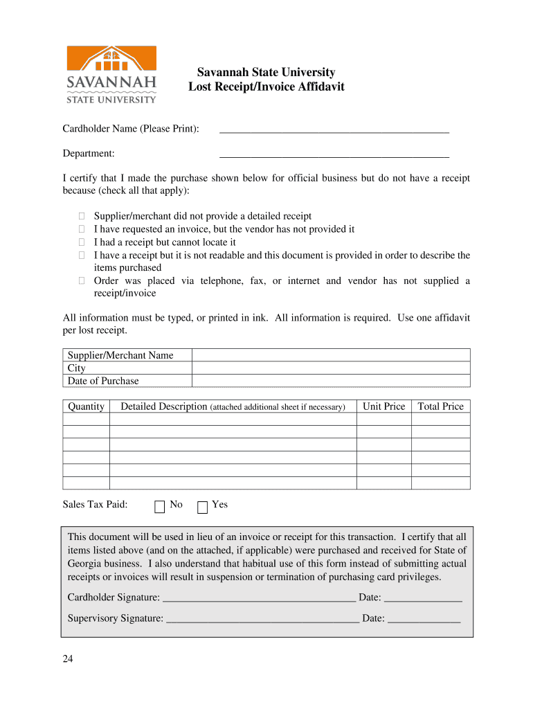 Fillable Online savannahstate Lost Receipt/Invoice Affidavit ...