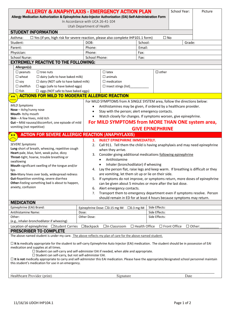Fillable Online studentinfo besd ALLERGY & ANAPHYLAXIS - EMERGENCY ...