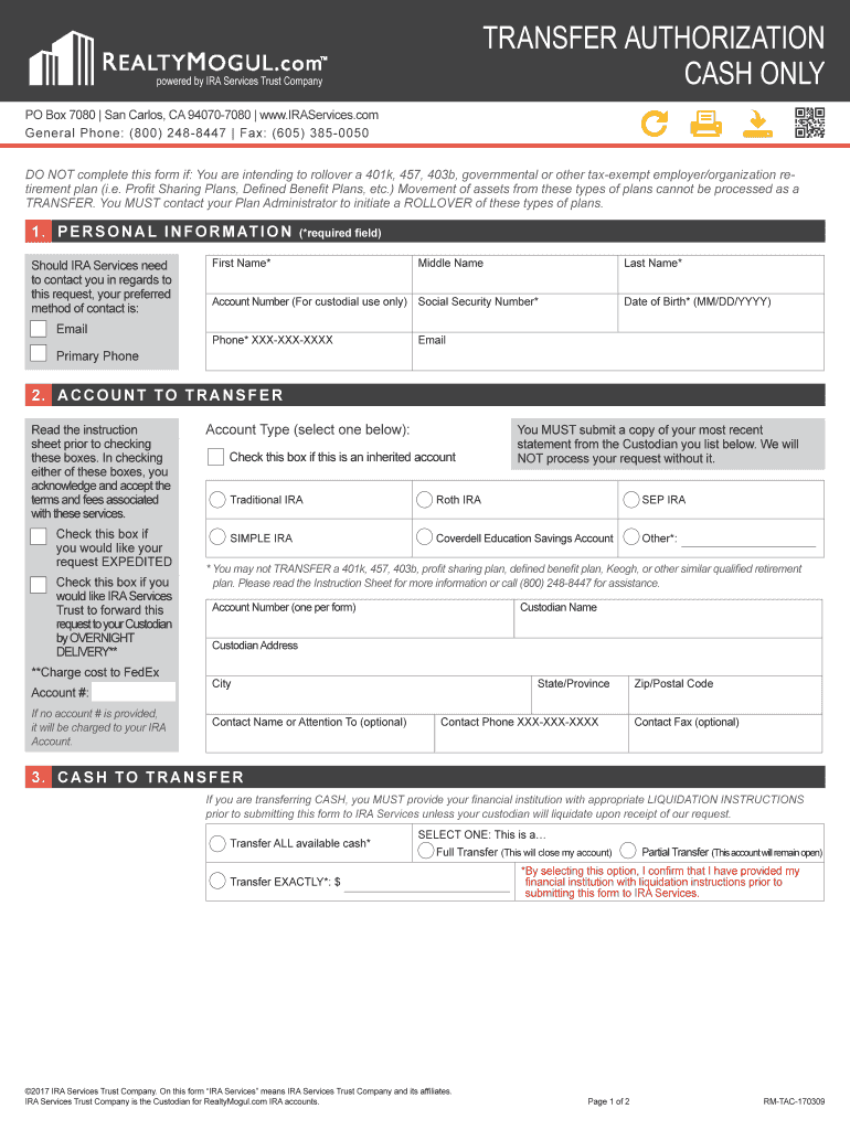 Fillable Online Transfer Authorization Cash Only Kit. Transfer ...