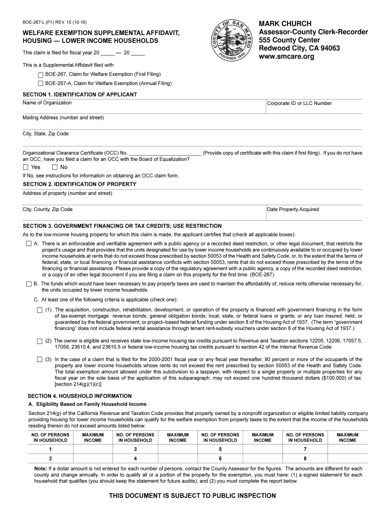 Fillable Online smcare Welfare Exemption Supplemental Affidavit ...