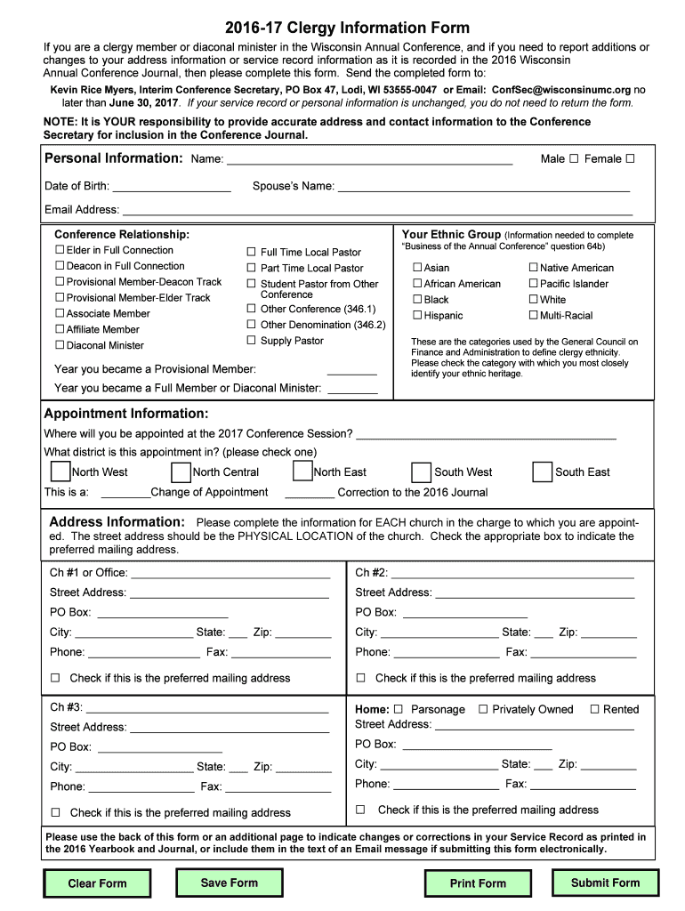 Fillable Online wisconsinumc 2016-17 Clergy Information Form Fax Email ...