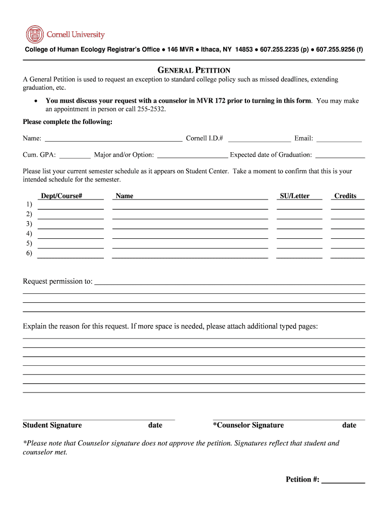 Fillable Online human cornell Petition - Cornell College of Human Ecology Fax Email Print ...