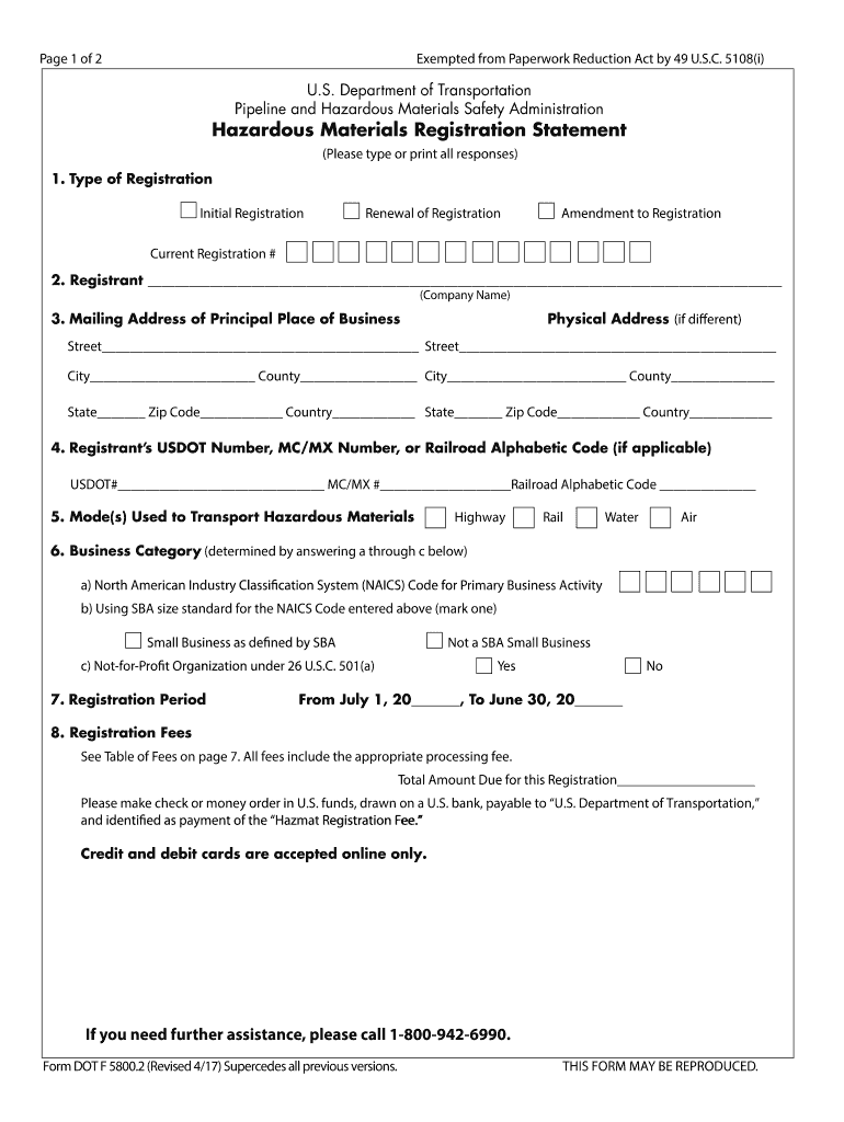Fillable Online phmsa dot Current Registration # - phmsa dot Fax Email ...