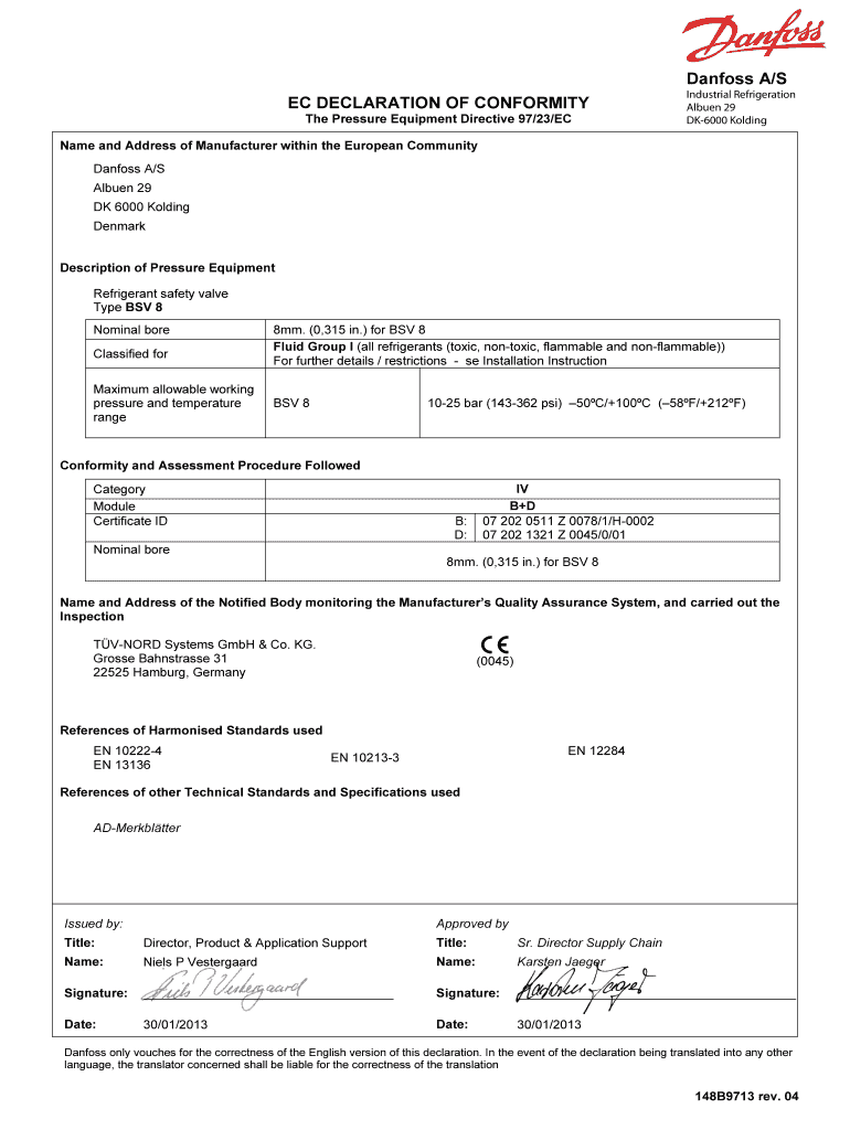 Fillable Online declaration of conformity - Danfoss Fax Email Print ...