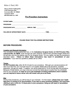 Fillable Online Pre-Procedure Instructions - Mercer County Surgery ...
