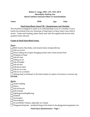 Fillable Online Head Injury Questionnaire - Serendipity Healing Arts ...