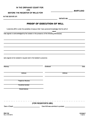 Fillable Online proof of execution of will - Maryland Register of Wills ...
