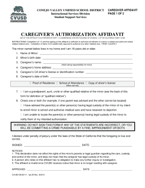 Fillable Online CAREGIVER 'S AUTHORIZATION AFFIDAVIT - conejousd.org ...