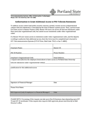 Fillable Online Au n to t Addition al Access to PSU Telecom Statements ...