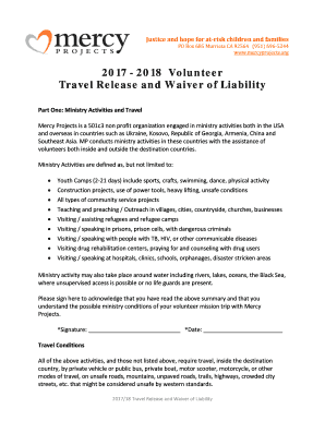 Fillable Online mercyprojects 2016-2017 Travel Release and Liability ...