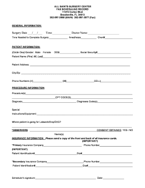 Fillable Online Scheduling Form - All Saints Surgery Center. Scheduling ...