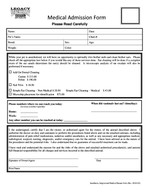 Fillable Online Medical Admission Form Fax Email Print - pdfFiller
