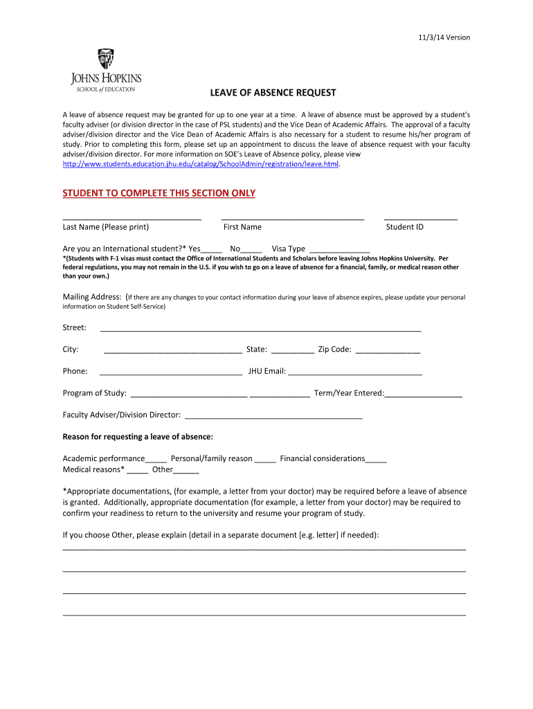 Fillable Online LEAVE OF ABSENCE REQUEST STUDENT TO COMPLETE THIS ...