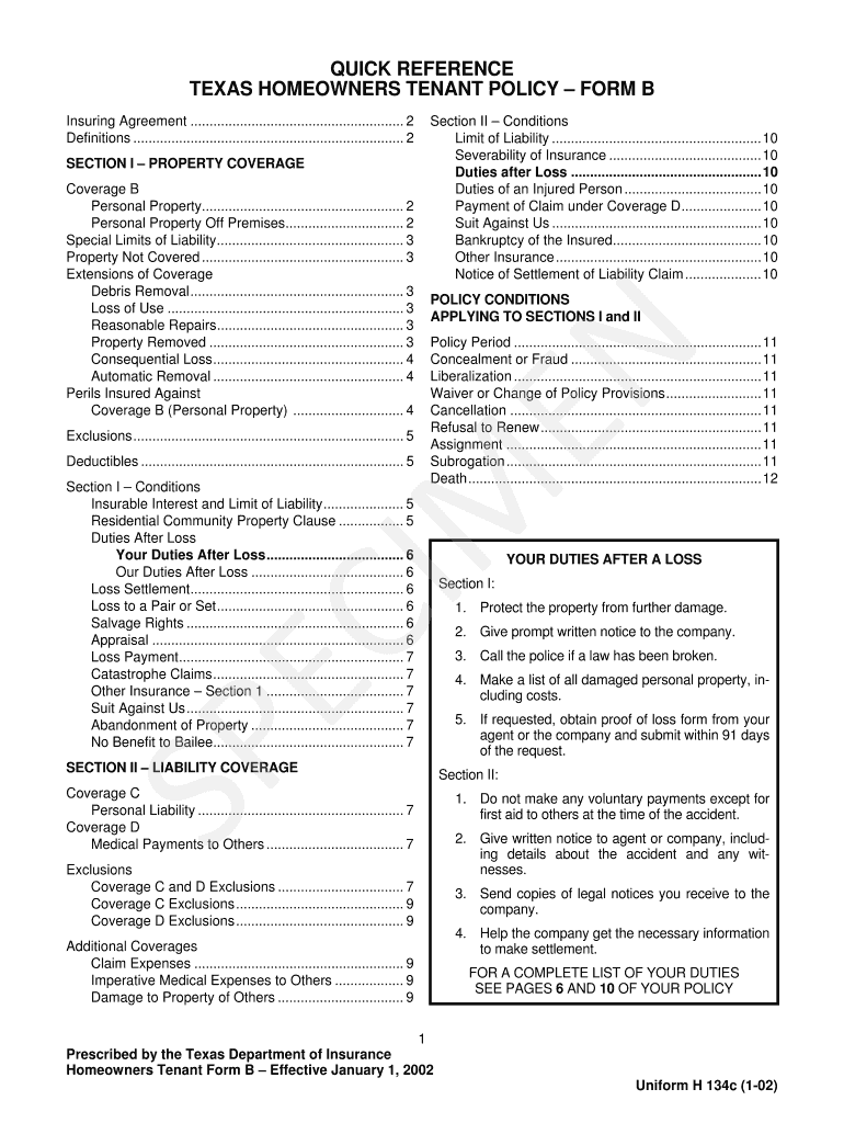Fillable Online QUICK REFERENCE TEXAS HOMEOWNERS TENANT POLICY FORM B ...