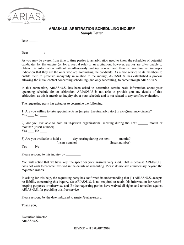 Fillable Online ARIAS U.S. ARBITRATION SCHEDULING INQUIRY Sample Letter ...