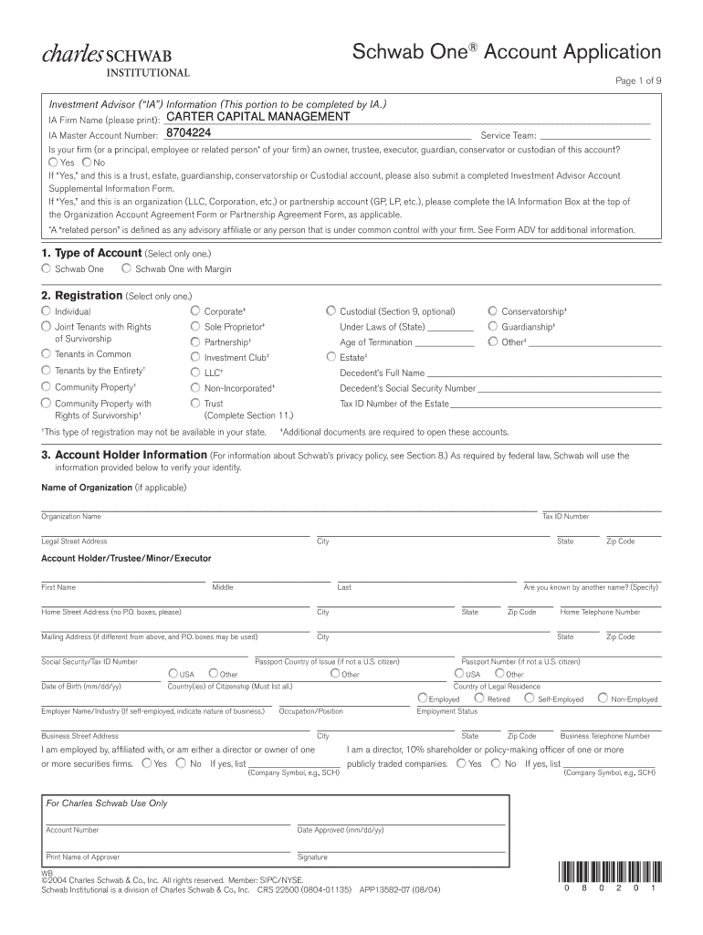 Fillable Online Schwab One Account Application - Carter Capital Management Fax Email Print ...