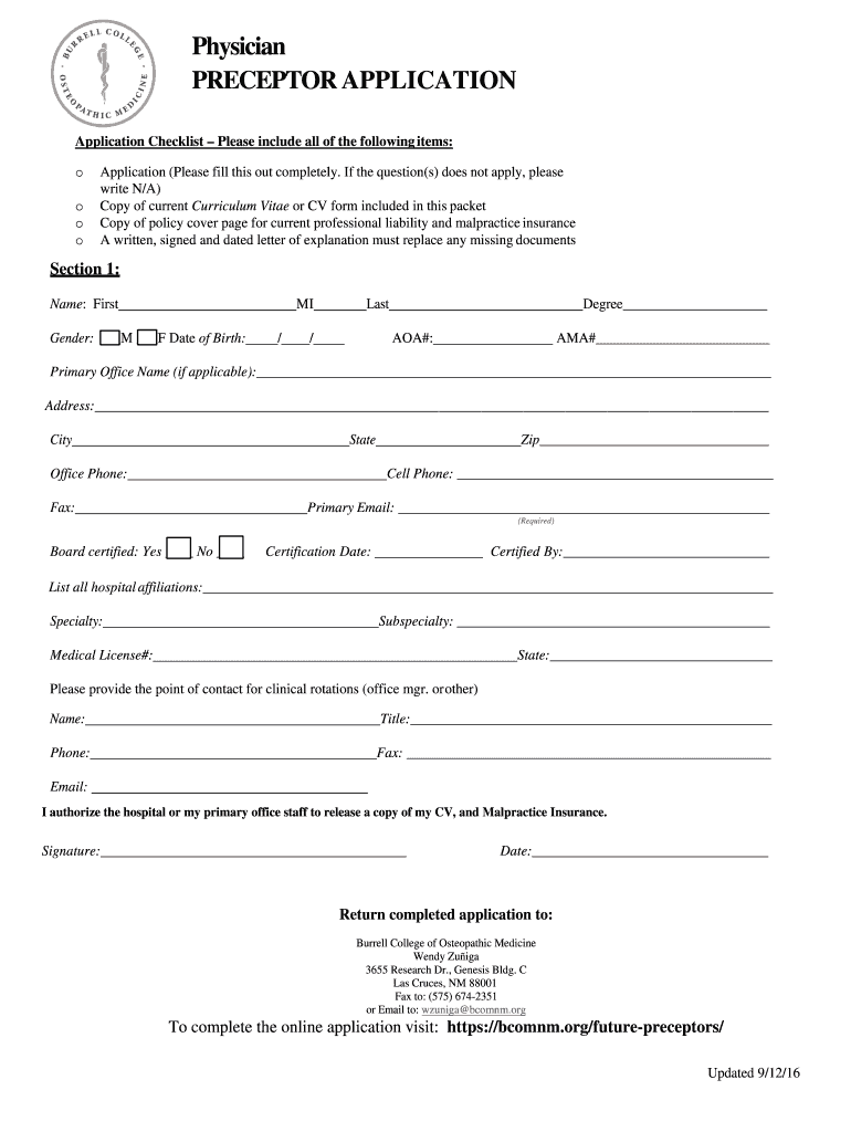 Fillable Online Physician PRECEPTOR APPLICATION - Burrell College Fax Email Print - pdfFiller