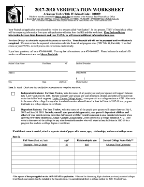 Fillable Online 2017-2018 Verification Worksheet - Arkansas Tech Fax Email Print - pdfFiller