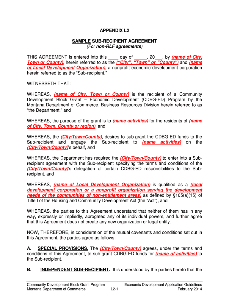 Fillable Online APPENDIX L2 SAMPLE SUB-RECIPIENT AGREEMENT (For non-RLF ... Fax Email Print ...