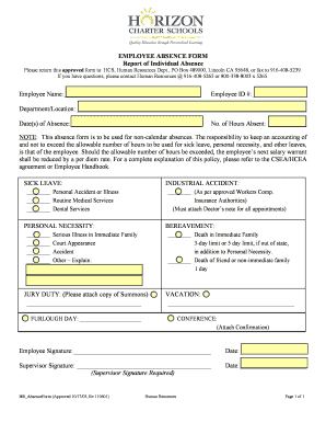 Fillable Online EMPLOYEE ABSENCE FORM Report of Individual Absence ...