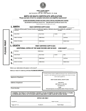 Fillable Online BIRTH OR DEATH CERTIFICATE APPLICATION *Please see back of ... Fax Email Print ...