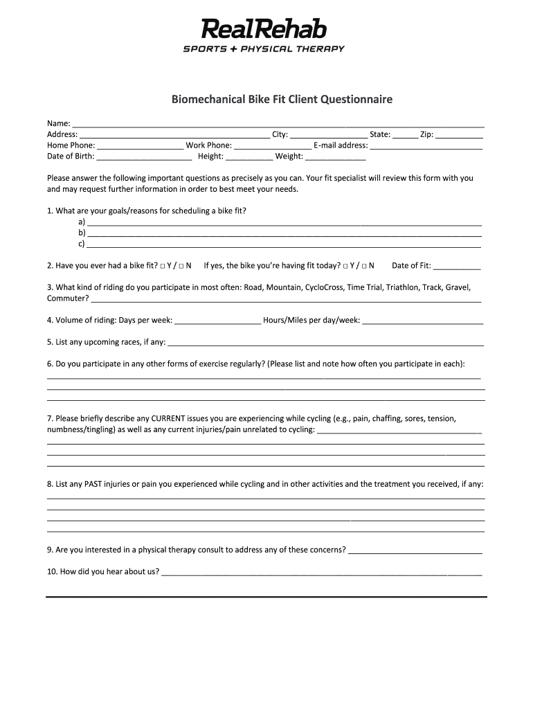 Fillable Online Biomechanical Bike Fit Instructions and Forms - Real ...