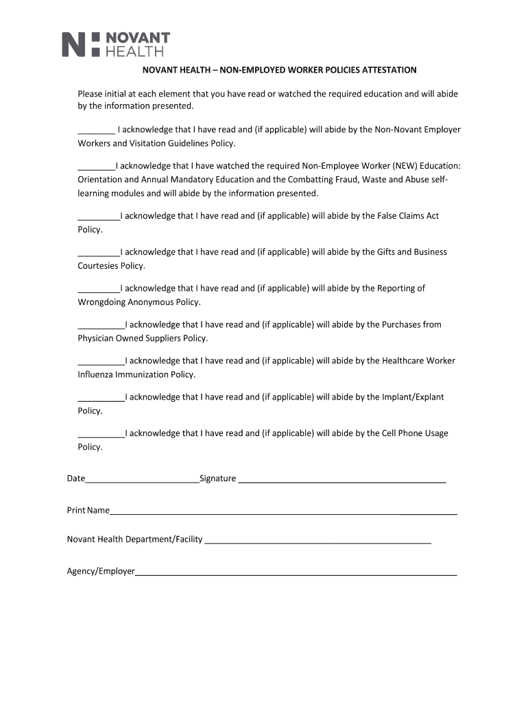 Fillable Online NOVANT HEALTH NON-EMPLOYED WORKER POLICIES ATTESTATION ...