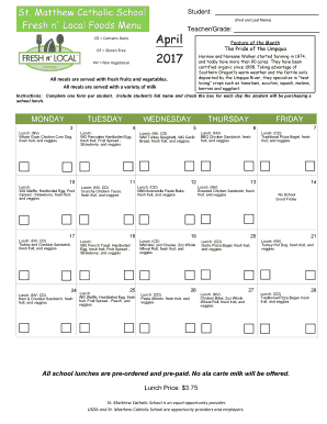 Fillable Online St. Matthew Catholic School Fresh n ' Local Foods Menu ...
