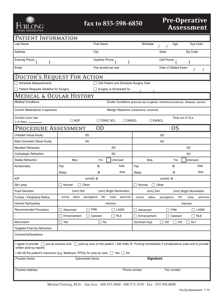 Fillable Online fax to 855-598-6850 Pre-Operative Assessment - Furlong ...