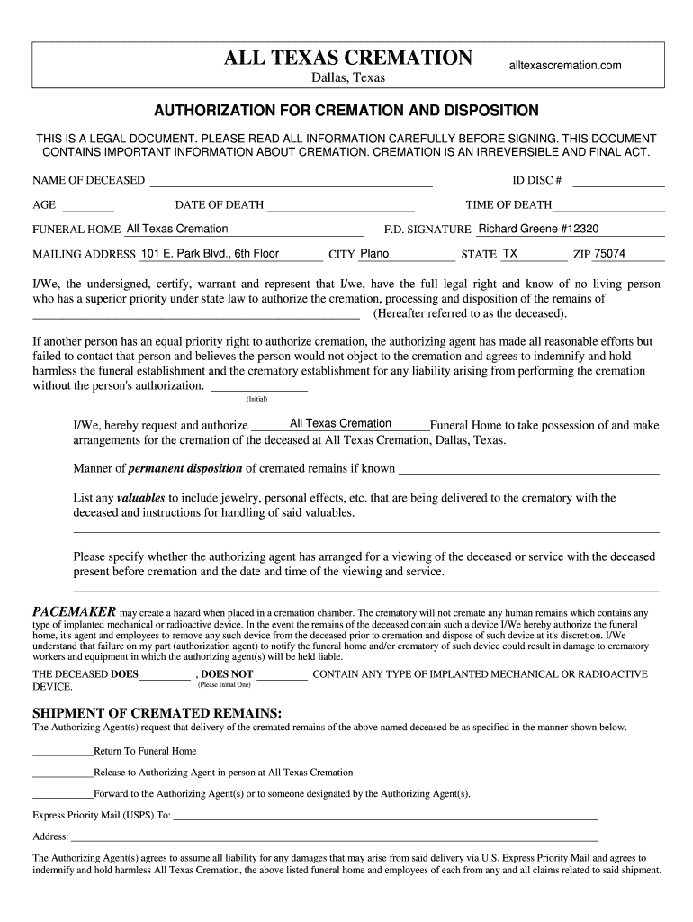 Fillable Online ALL TEXAS CREMATION Fax Email Print - pdfFiller