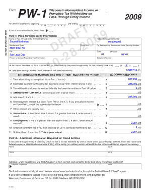 Fillable Online Form PW-1 2009 Pass-Through Entity Income Fax Email ...