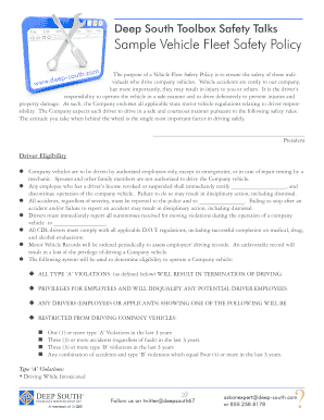 Fillable Online Deep South Toolbox Safety Talks Sample Vehicle Fleet ...