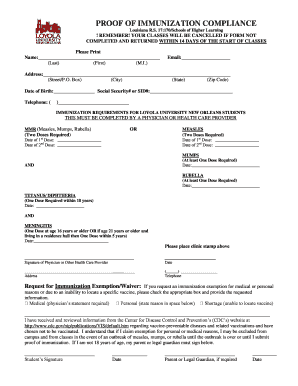 Fillable Online PROOF OF IMMUNIZATION COMPLIANCE - gps.loyno.edu Fax Email Print - pdfFiller