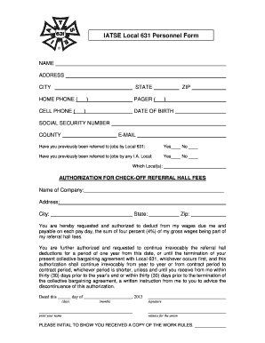 Fillable Online IATSE Local 631 Personnel Form Fax Email Print - pdfFiller