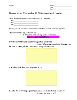 Fillable Online Quadratic Formula & Discriminant Notes - PBworks Fax ...