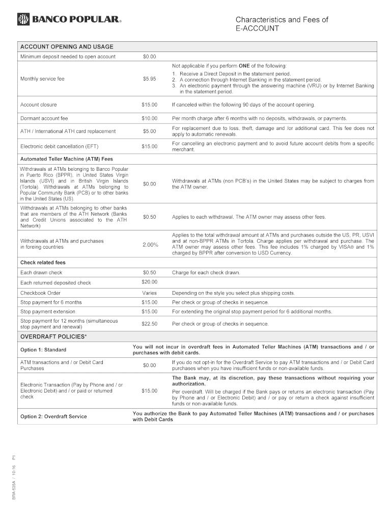 Fillable Online Characteristics and Fees of - Banco Popular Fax Email ...