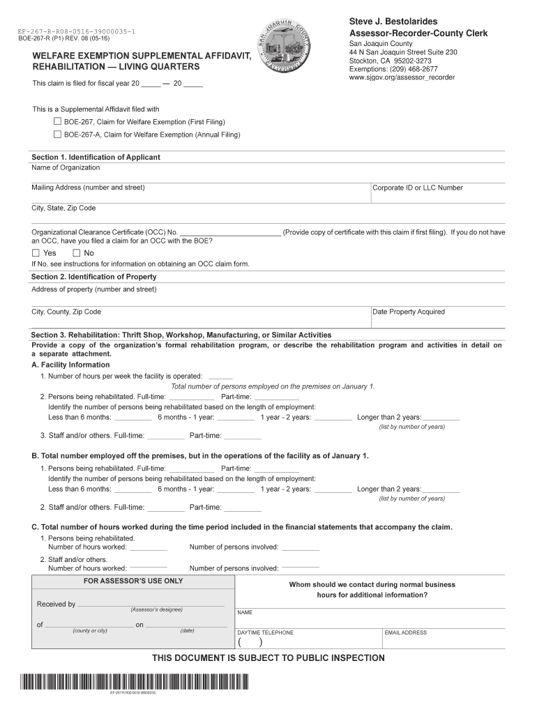 Fillable Online WELFARE EXEMPTION SUPPLEMENTAL AFFIDAVIT, REHABILITATION ... Fax Email Print ...