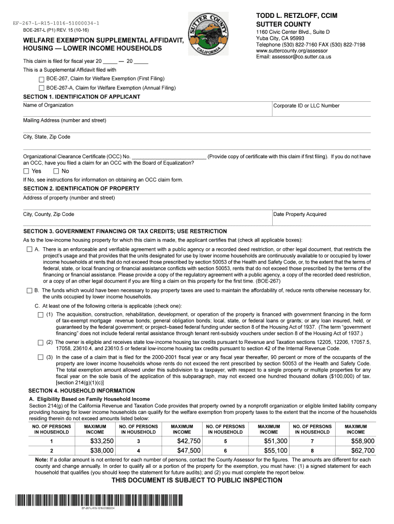 Fillable Online Welfare Exemption Supplemental Affidavit, Housing ...