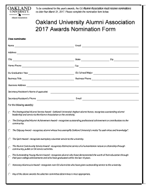 Fillable Online Oakland University Alumni Association 2017 Awards Nomination Form Fax Email ...