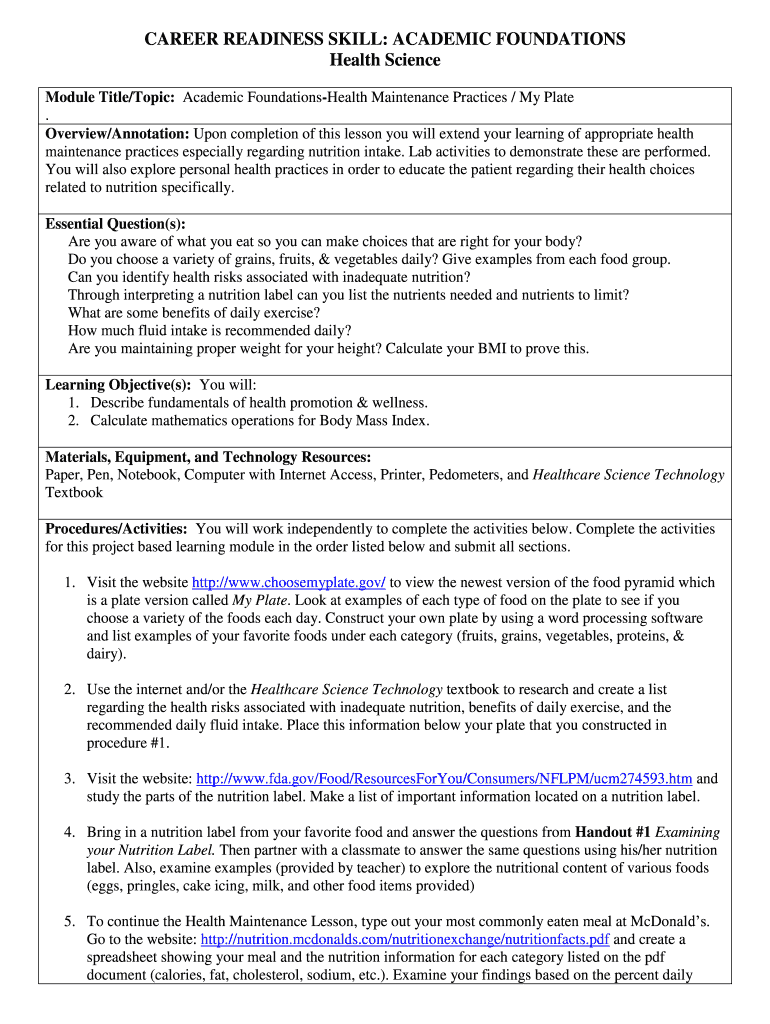 Fillable Online CAREER READINESS SKILL: ACADEMIC FOUNDATIONS Health ...