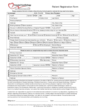 Fillable Online Patient Registration Form - Coastal Cardiology Fax ...