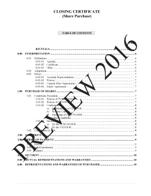 Fillable Online CLOSING CERTIFICATE (Share Purchase). TRANSFER OF ...