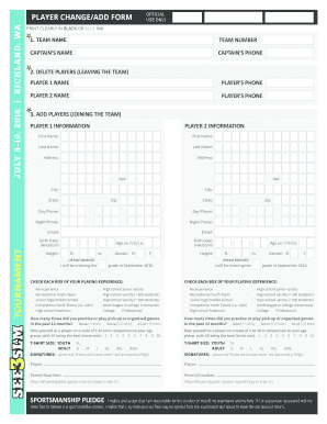 Fillable Online TEAM & PLAYER APPLICATION USE ONLY PLAYER CHANGE/ADD ...