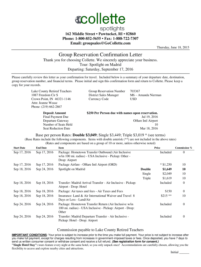 Fillable Online Group Reservation Confirmation Letter - Lake County ...