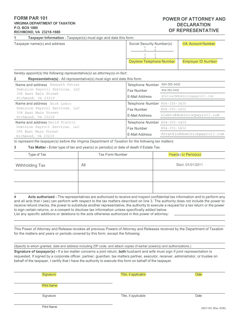 Fillable Online FORM PAR 101 POWER OF ATTORNEY AND VIRGINIA DEPARTMENT ...