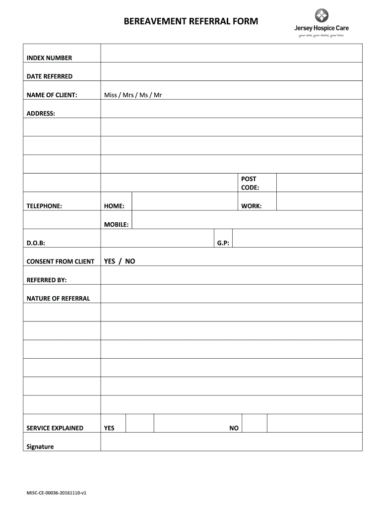 Fillable Online BEREAVEMENT REFERRAL FORM - jerseyhospicecare.com Fax ...