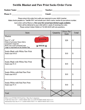Fillable Online Switlik Blanket and Paw Print Socks Order Form Fax ...