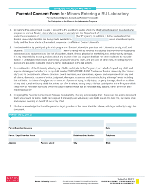 Fillable Online PDF Parental Consent Form for Minors Entering a BU ...